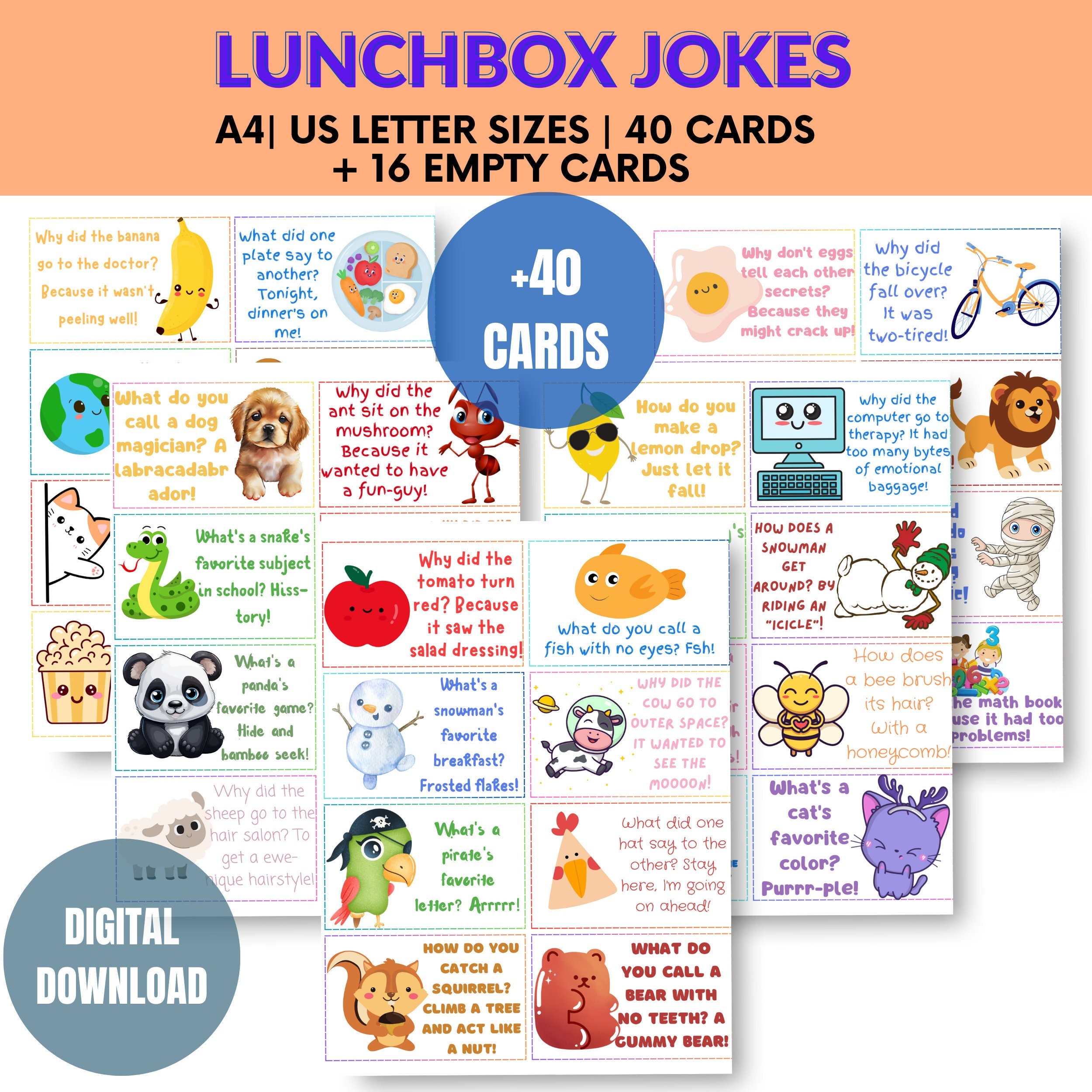 Joke Cards for Lunchboxes, Notes for Kids' Lunch Boxes,printable ...