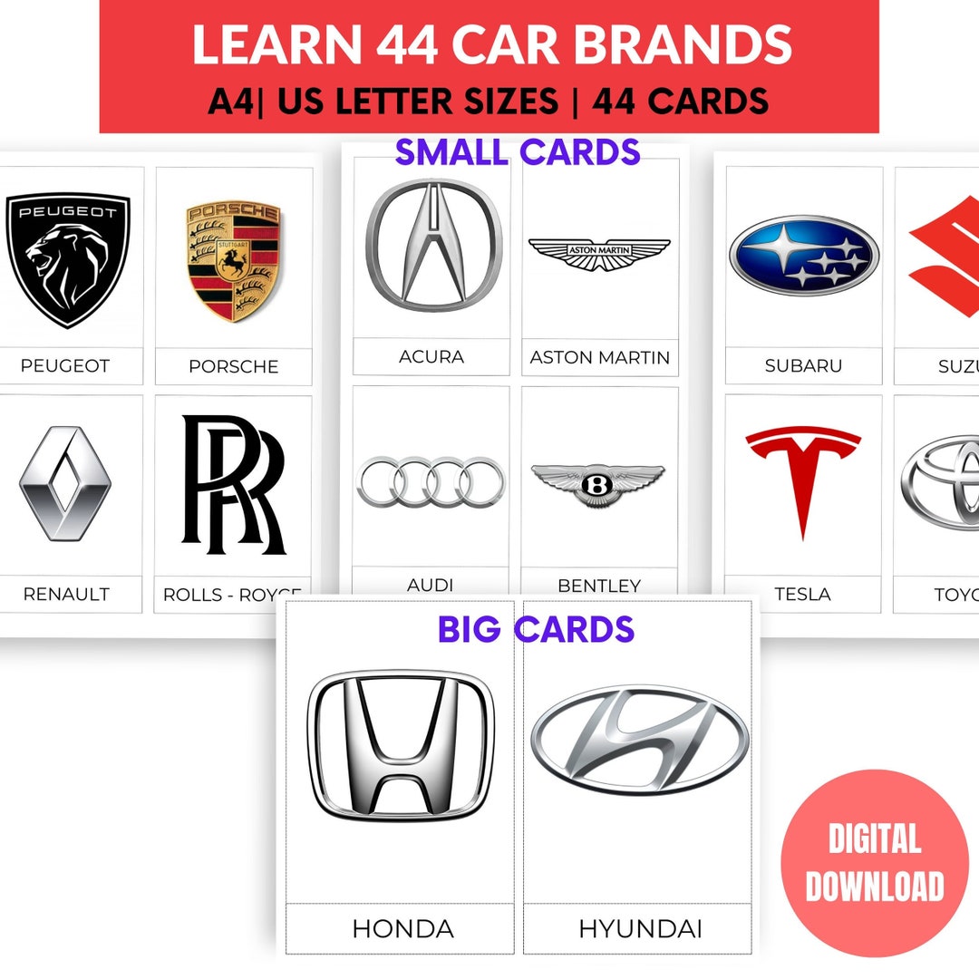 Car Logos Flashcards, Car Brands Cards, Montessori Flash Cards, Small ...
