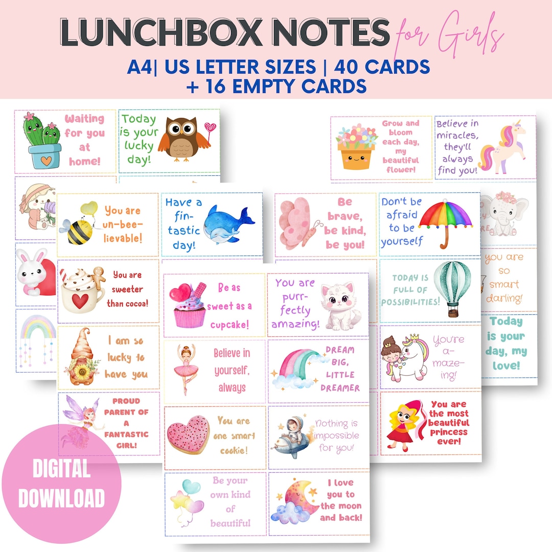 Set of Inspirational Lunchbox Notes,lunchbox Bliss for Girls,kid's ...