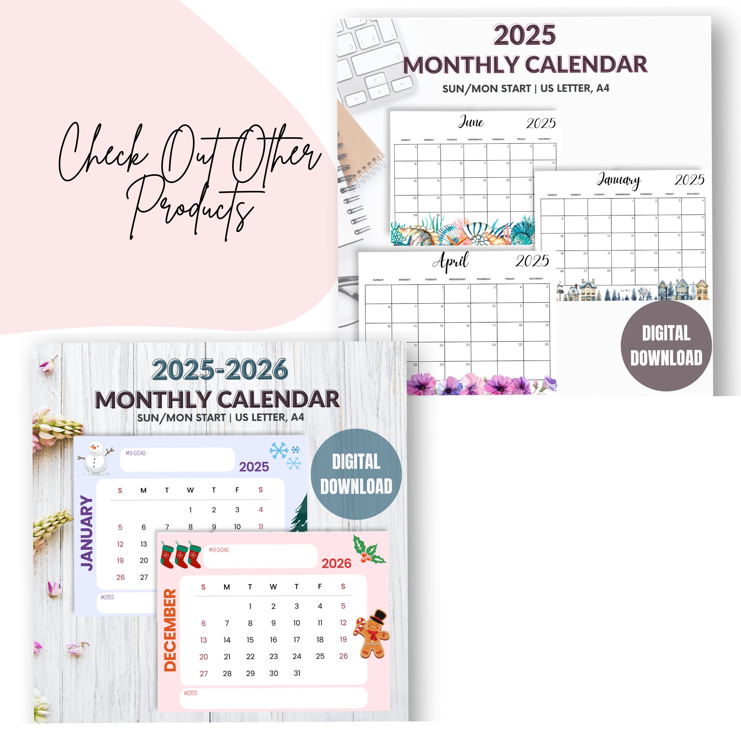 2025 2026 Printable Calendar: Floral Design, Monthly Planner, Calendar ...