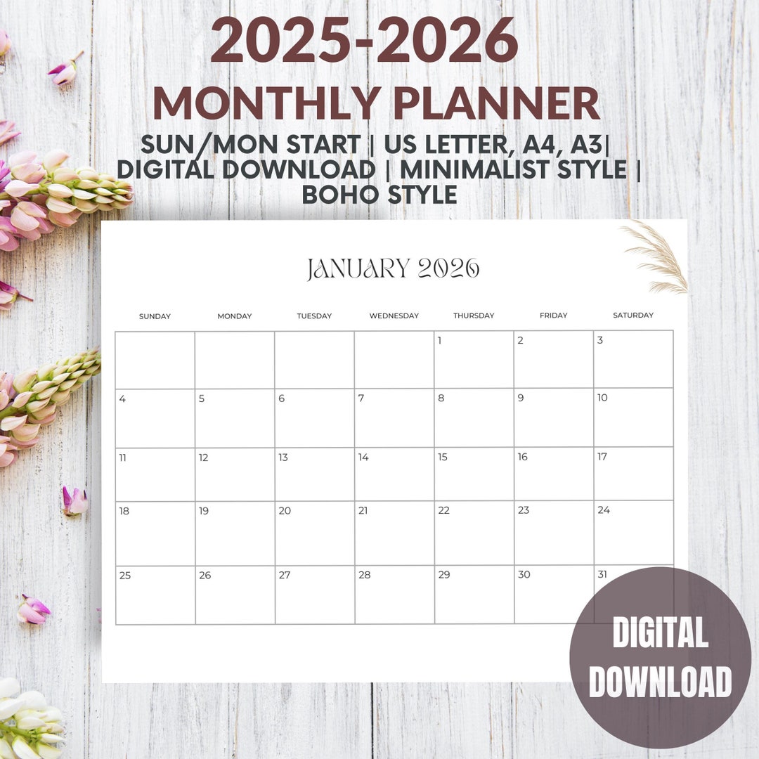 Printable Calendar 2025 2026 Sunday & Monday Start Minimalist Boho ...