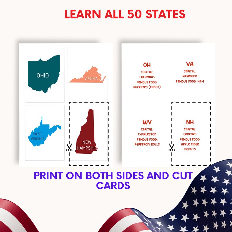 50 States Learning Flashcards for Kids, US Fifty States and Capitals ...