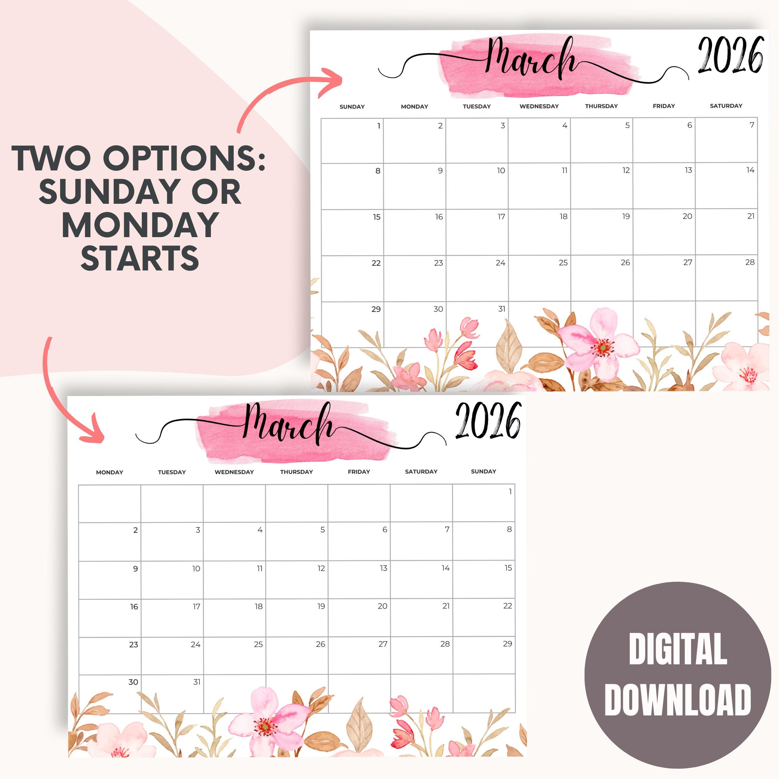 Printable Calendar 2025 2026:floral Design,monthly Planner,watercolor ...