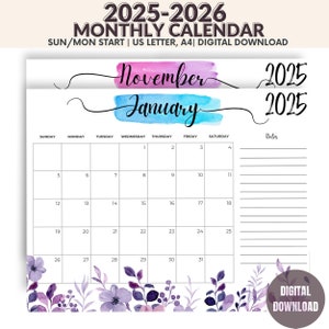 2025 2026 Printable Calendar: Floral Design, Monthly Planner, Calendar ...