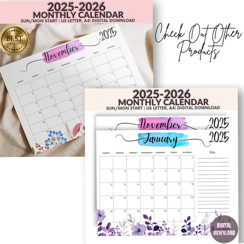 Printable Calendar 2025 2026 Sunday & Monday Start Minimalist Boho ...