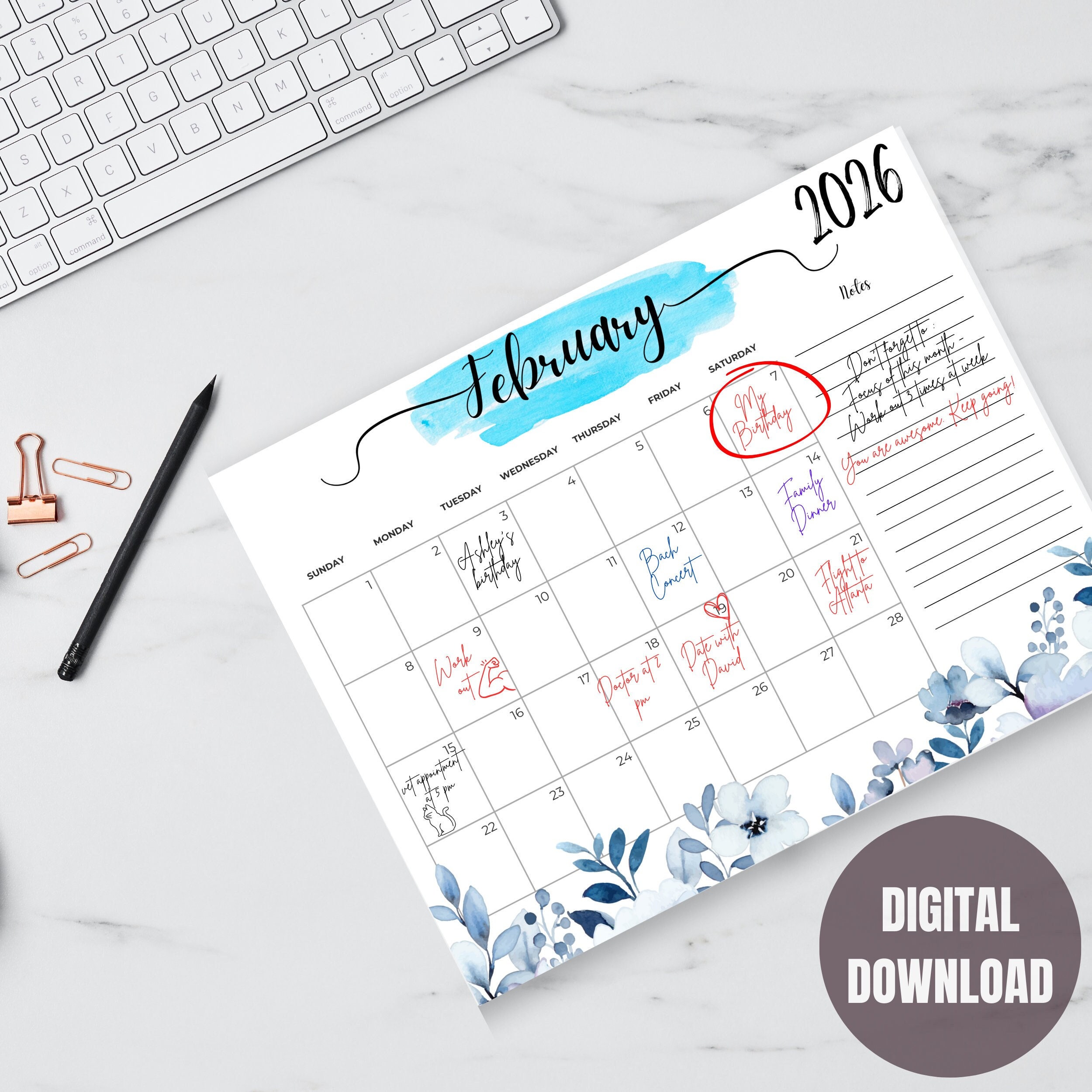 2025 2026 Printable Calendar: Floral Design, Monthly Planner, Calendar ...