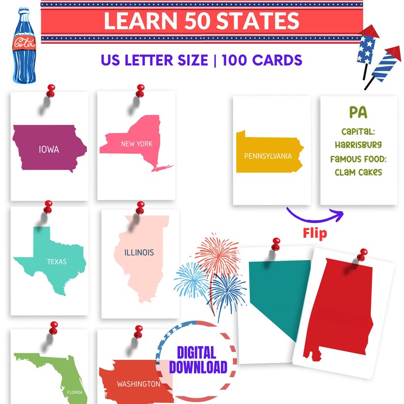 50 States Learning Flashcards for Kids, US Fifty States and Capitals ...