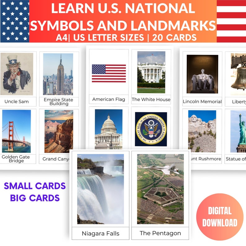 U.S National Symbols and Landmarks 3-part Cards Montessori Flashcards ...