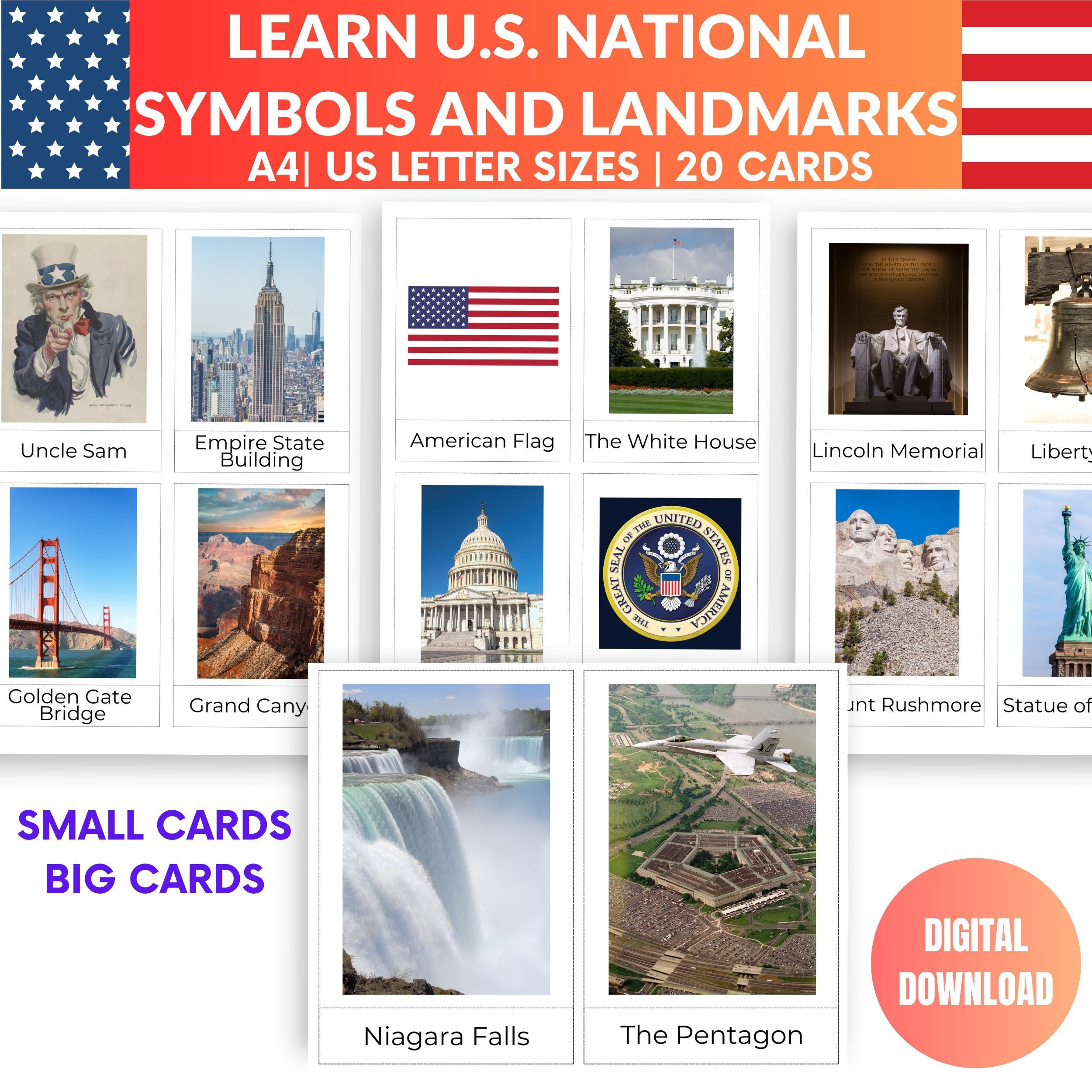 U.S National Symbols and Landmarks 3-part Cards Montessori Flashcards ...