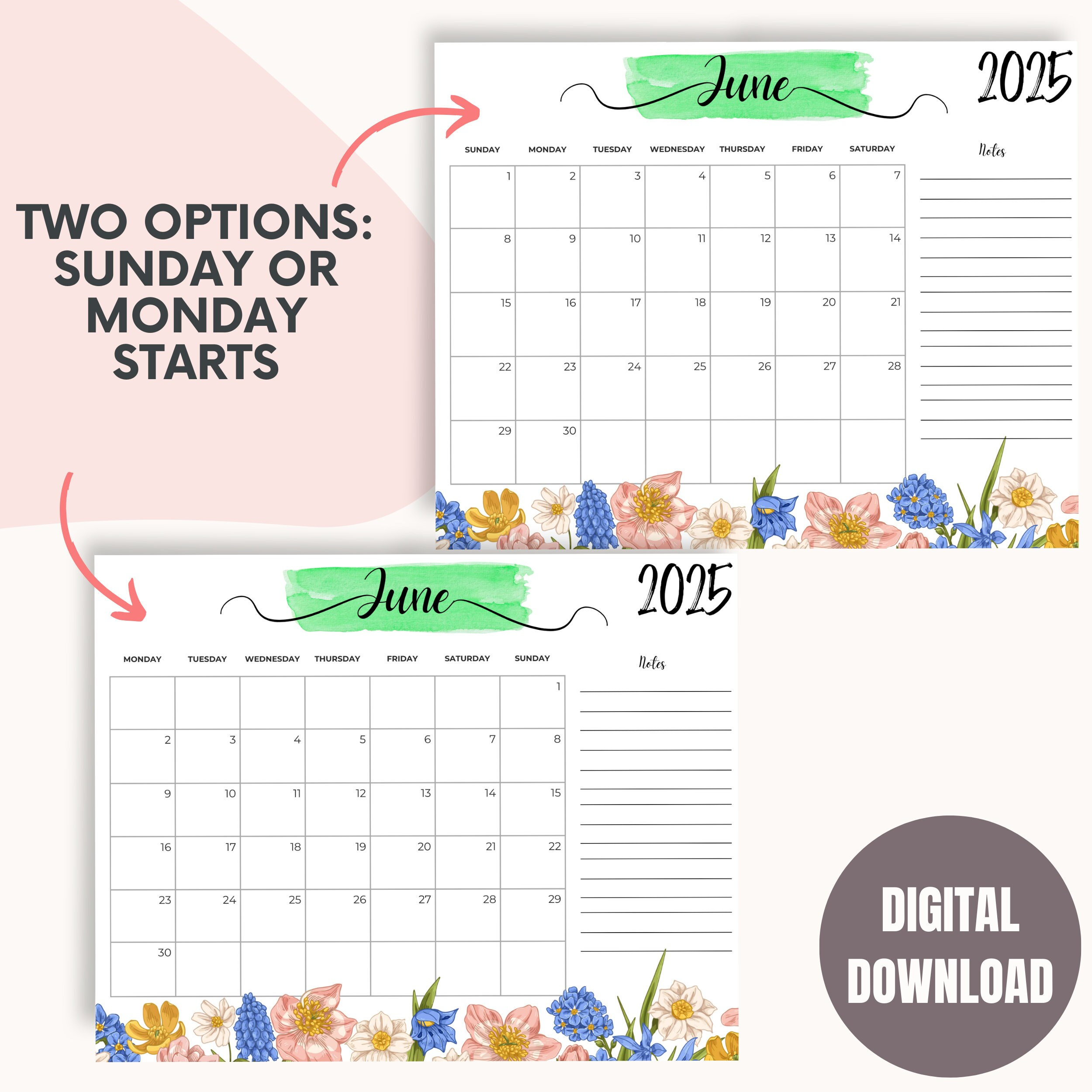 2025 2026 Printable Calendar: Floral Design, Monthly Planner, Calendar ...
