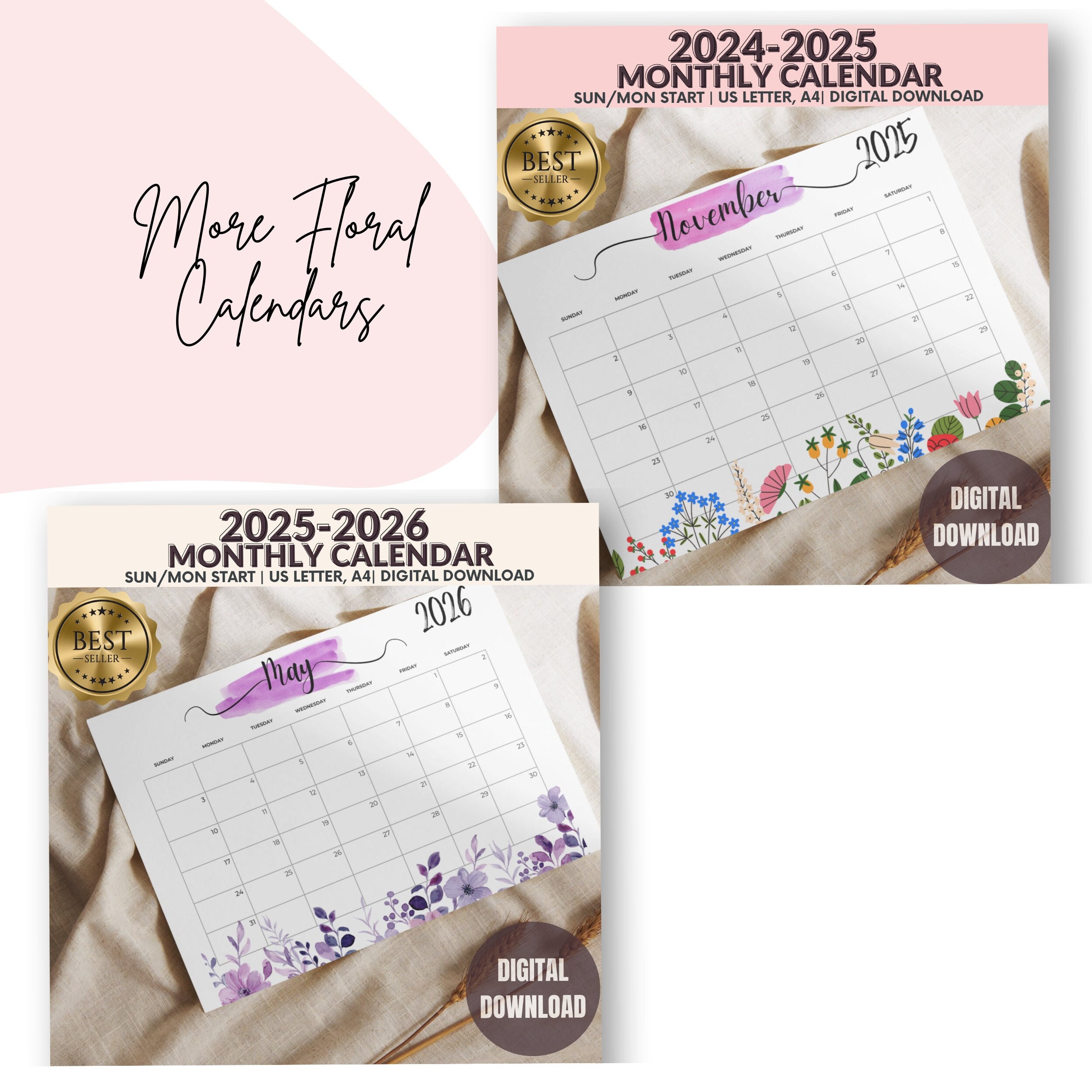 2025 2026 Printable Calendar: Floral Design, Monthly Planner, Calendar ...