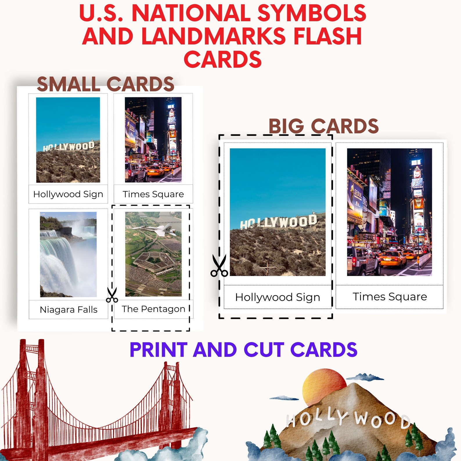 U.S National Symbols and Landmarks 3-part Cards Montessori Flashcards ...