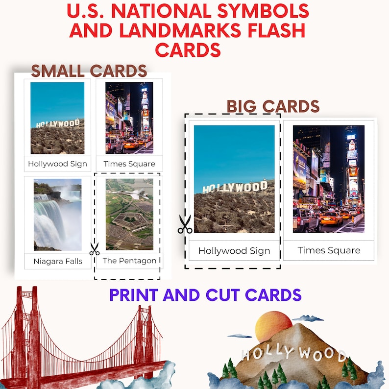 U.S National Symbols and Landmarks 3-part Cards Montessori Flashcards ...