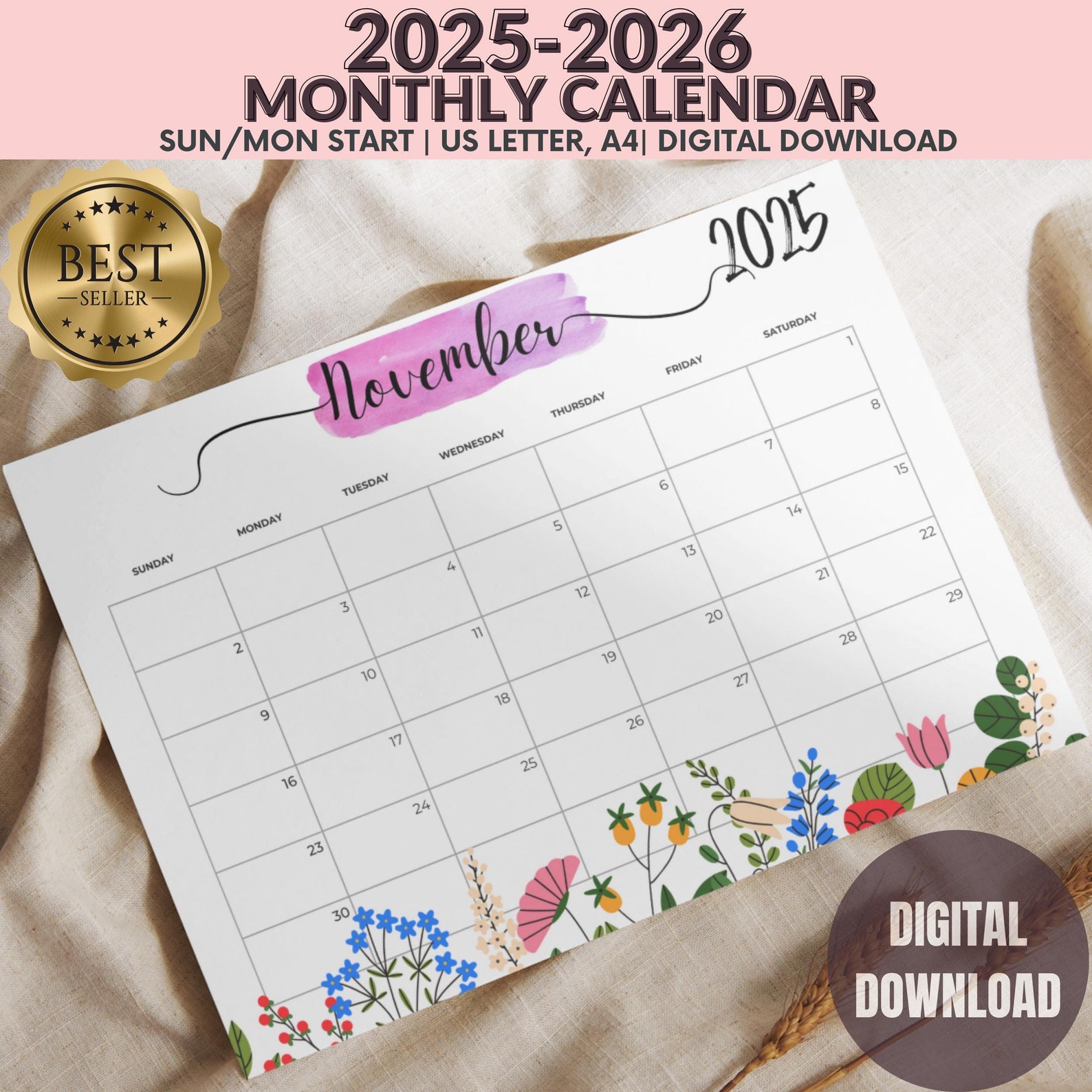 Printable Calendar 2025 2026:floral Design,monthly Planner,watercolor ...