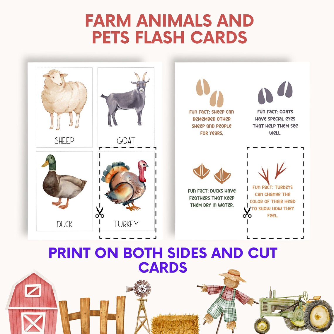 20 Farm Animals and Pets Flash Cards for Kids,pre-school Cards Learning ...