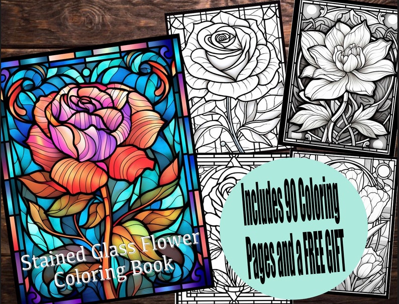 Stained Glass Flower Coloring Book| Includes 90 Coloring Pages and a ...