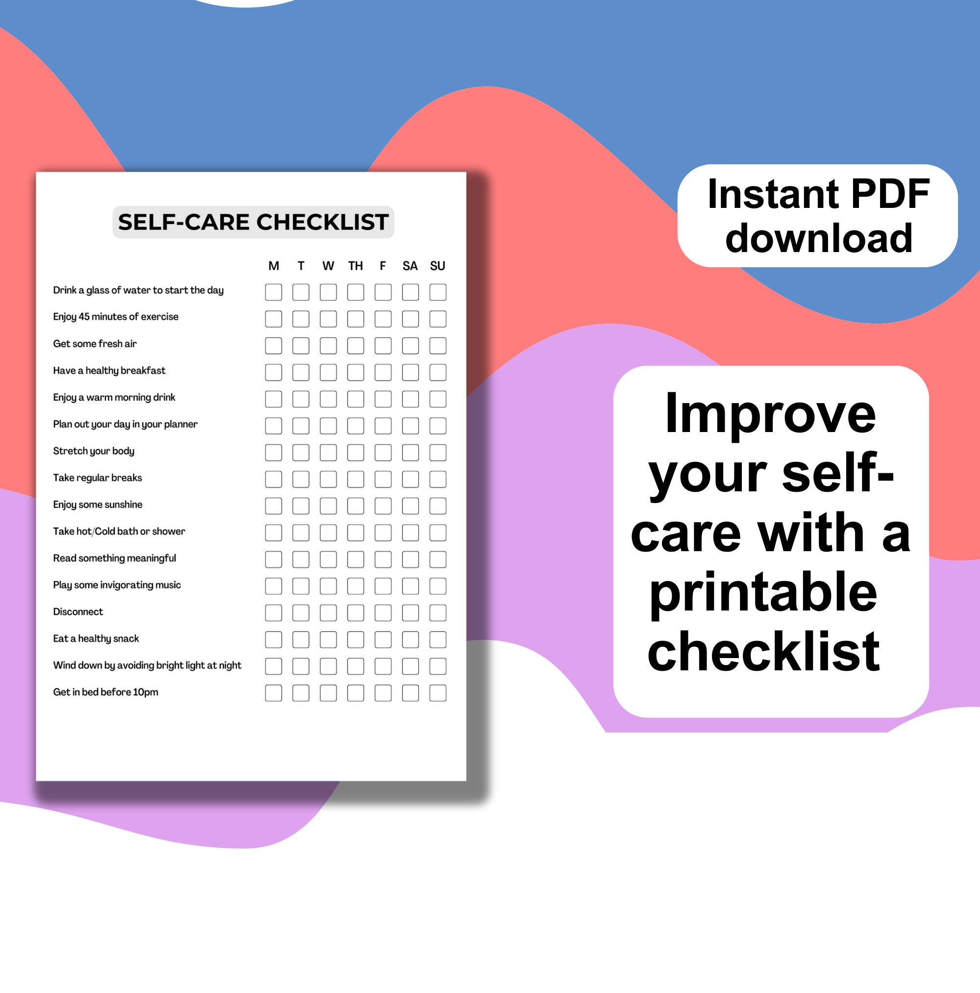 Printable Self-care Checklist, Detailed Self-care Checklist, Printable ...
