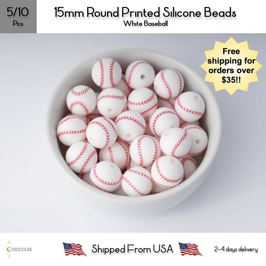 15mm Round White Baseball Printed Silicone Beads for Pens and DIY ...