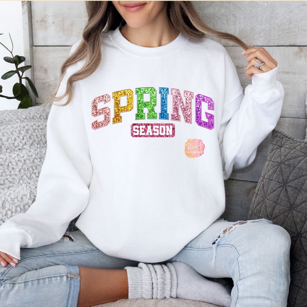 Spring Season Embroidered PNG, Spring Varsity PNG, Faux Sequin Spring ...