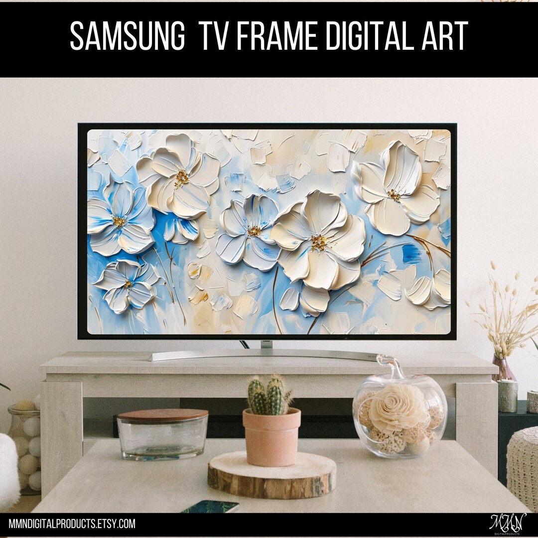 Frame Tv Art: Blue Flowers 3D Textured Painting, Smart TV Art-frame Art ...