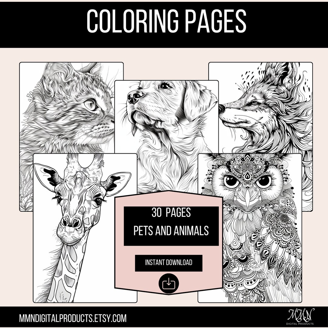 Pet and Animals 30 Printable Coloring Pages, Greyscale Coloring Pages ...