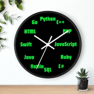 Geek Chic Wall Clock: Dramatic Black Timepiece Featuring Coding Languages Symbols for ...