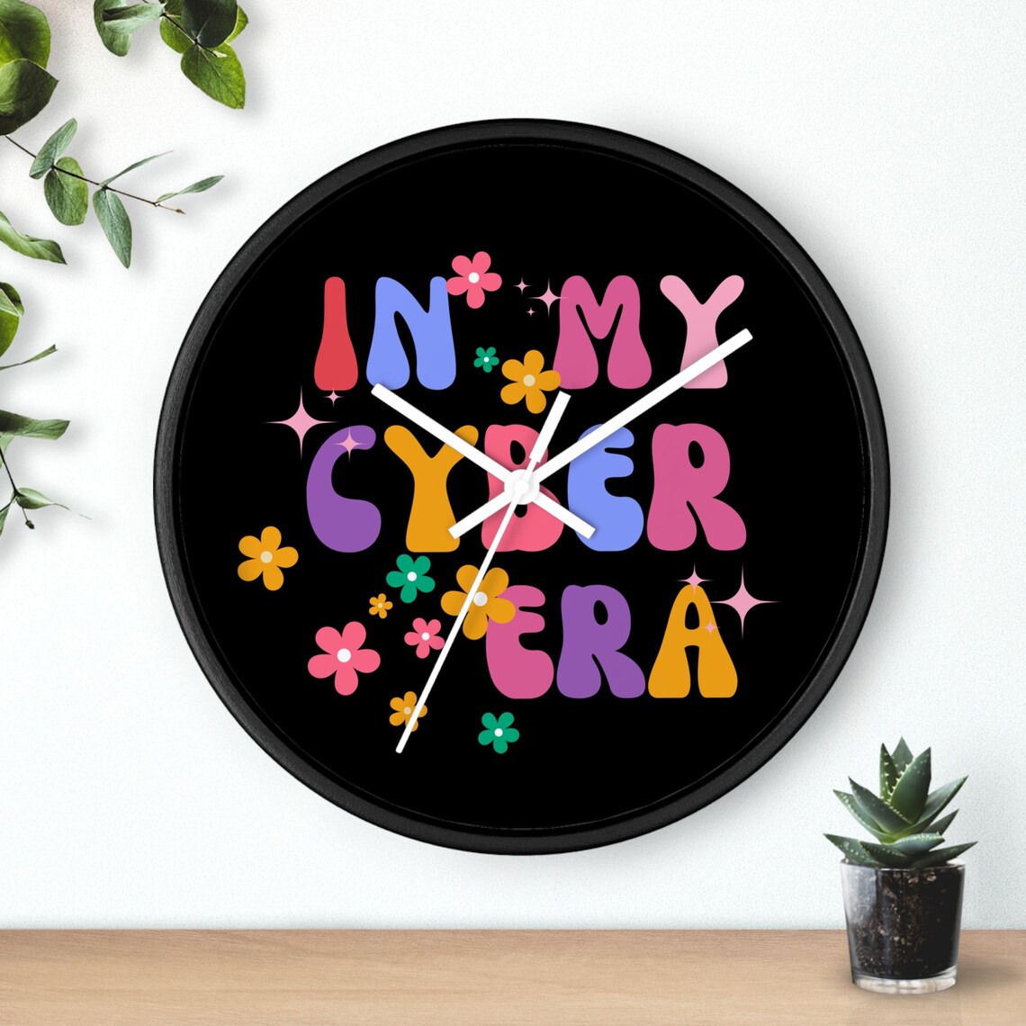 In My Cyber Era Colorful Wall Clock - Witty Font, Flowers & Sparkles ...