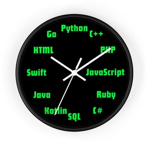 Geek Chic Wall Clock: Dramatic Black Timepiece Featuring Coding Languages Symbols for ...