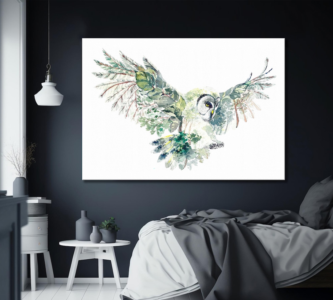 Watercolor Owl Canvas Gift, Flying Owl Wall Art, Owl Artwork, Owl ...