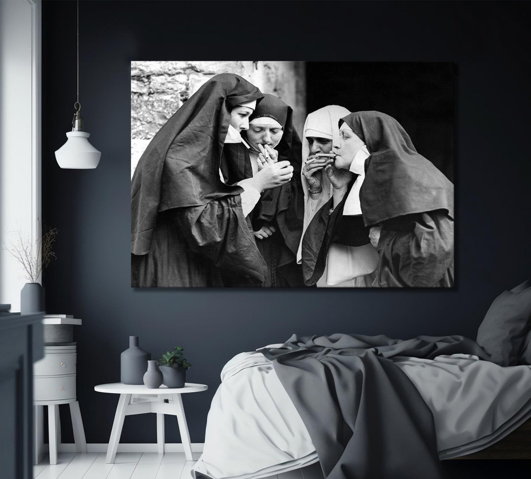 Vintage Nuns Smoking, Black and White Canvas Wall Art, Vintage Wall Art ...