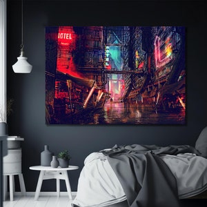 Cyberpunk Red Neon City Poster, Neo Futuristic Wall Art, Rolled Canvas ...