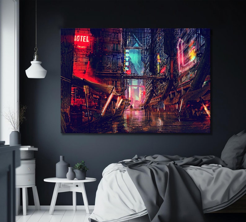 Cyberpunk Red Neon City Poster, Neo Futuristic Wall Art, Rolled Canvas ...