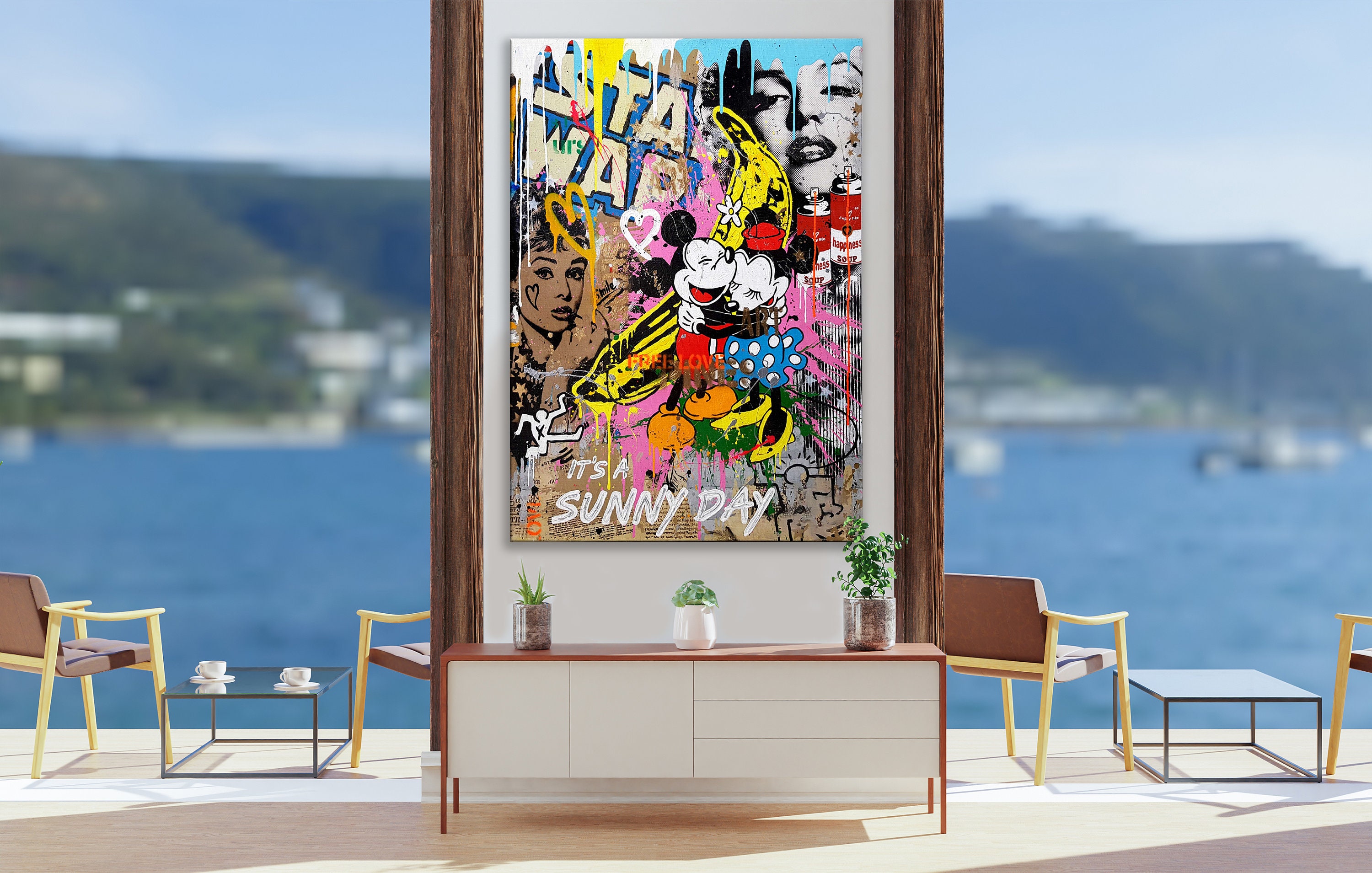Mickey Mouse Minnie Mouse Banana Pop Art Graffiti Canvas, Banksy Style ...