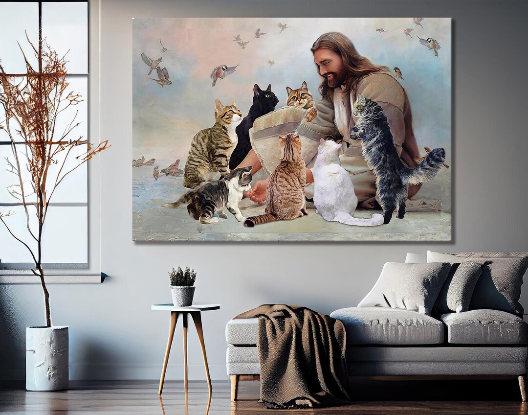 God Surrounded by Cats Angels Canvas Wall Art, Cat Lovers Canvas, Cat ...