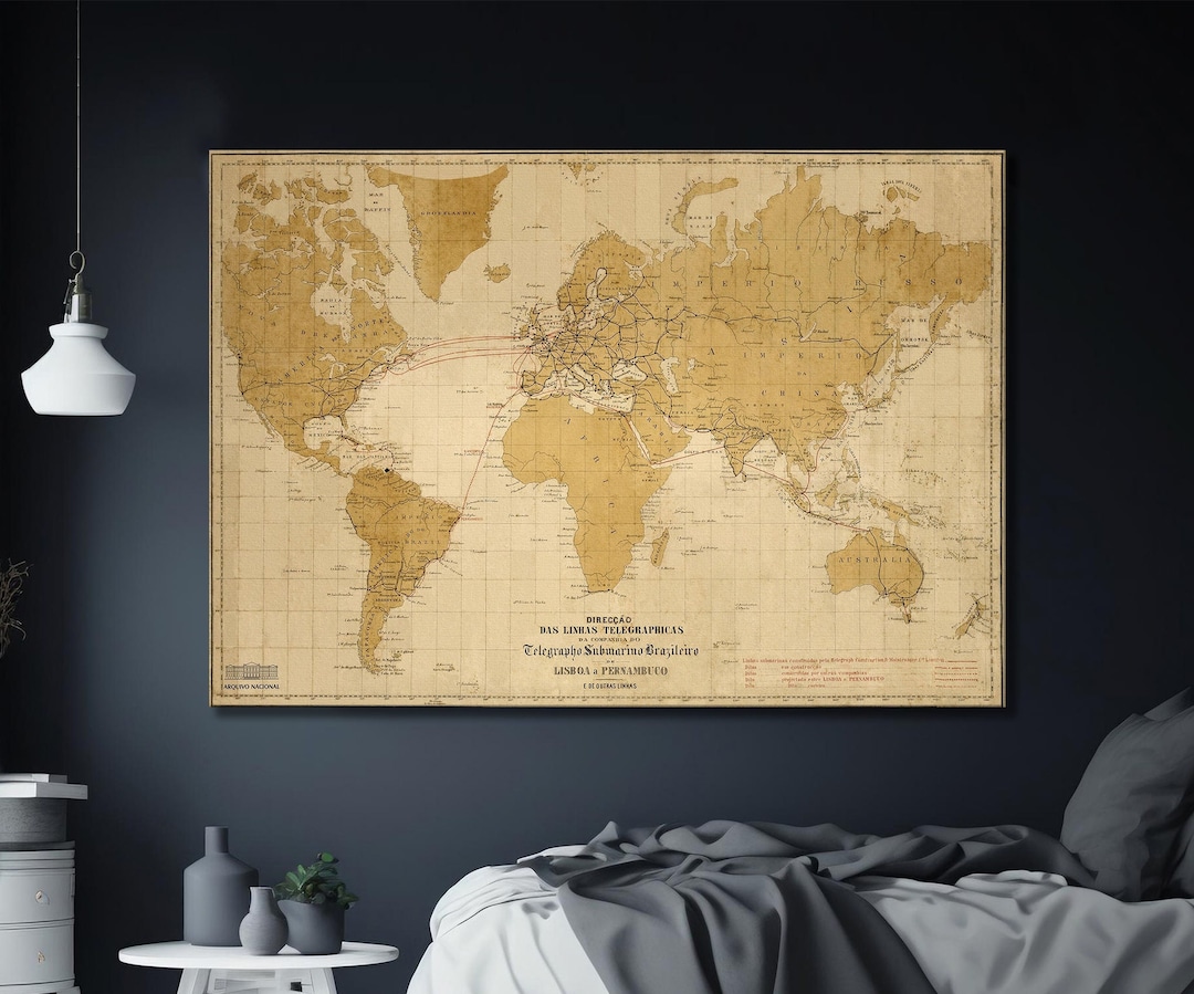 1880 Map of Telegraph Cable Routes, Beautiful World Map Vintage Atlas ...