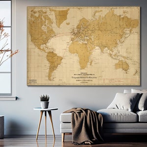 1880 Map of Telegraph Cable Routes, Beautiful World Map Vintage Atlas ...