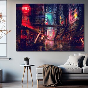 Cyberpunk Red Neon City Poster, Neo Futuristic Wall Art, Rolled Canvas ...
