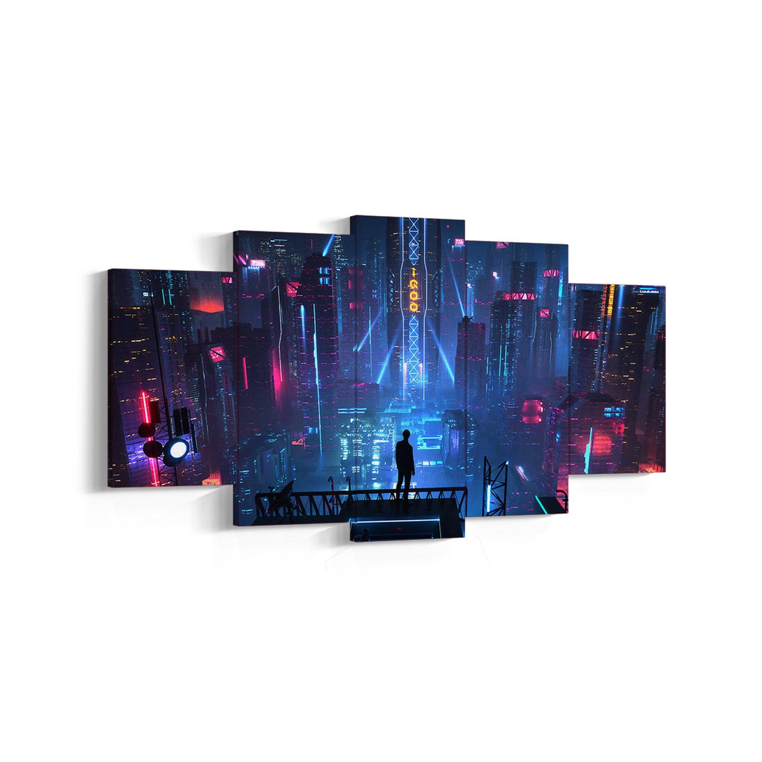 Cyberpunk Blue City Canvas Wall Art, Neo Futuristic Wall Art, Rolled ...