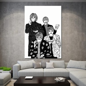 Beatles Line Drawing Canvas Wall Art , the Beatles Drinking Tea Print ...