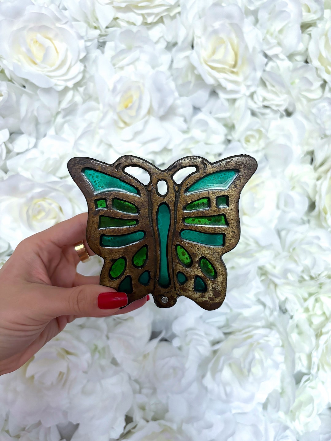 ANTIQUE BUTTERFLY NAPKIN Holder Stained Glass Butterfly Cast Iron ...