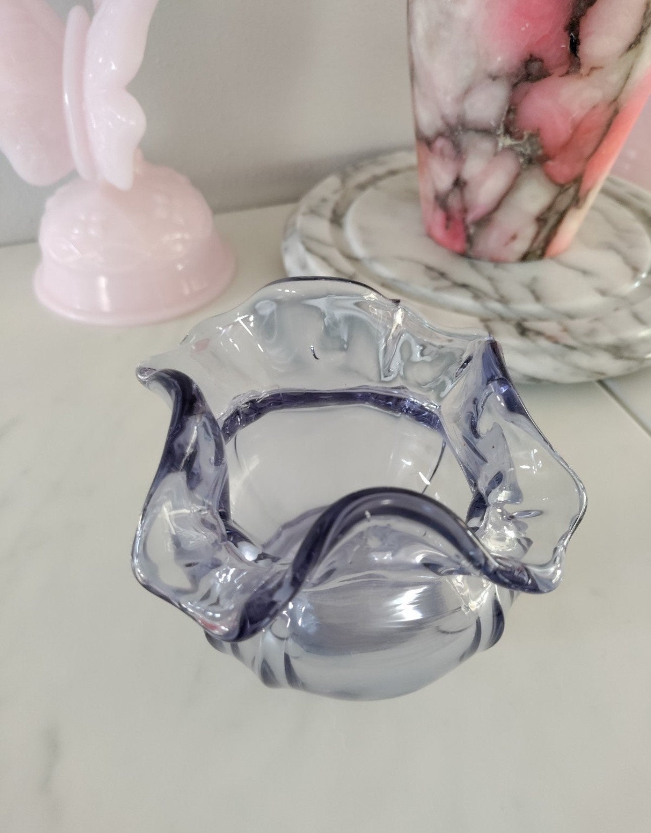 VINTAGE FENTON Rare PERIWINKLE Blue Candy Dish Vase Ruffled Rim Edge ...