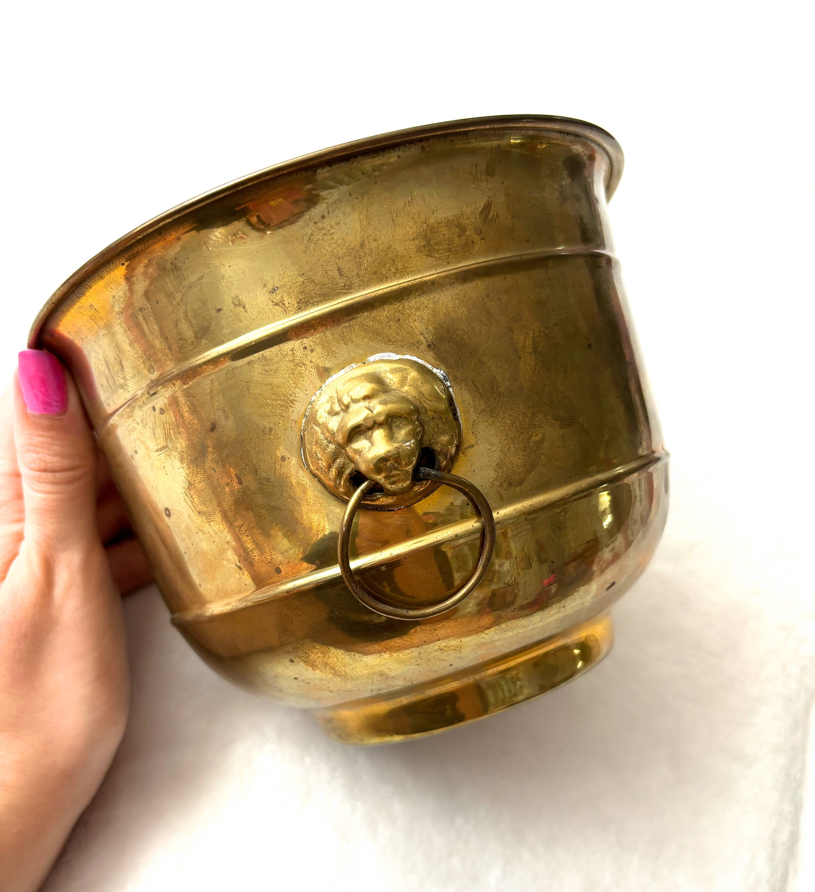 ANTIQUE SOLID BRASS Lion Head Cachepot Planter Brass Decor Hollywood ...