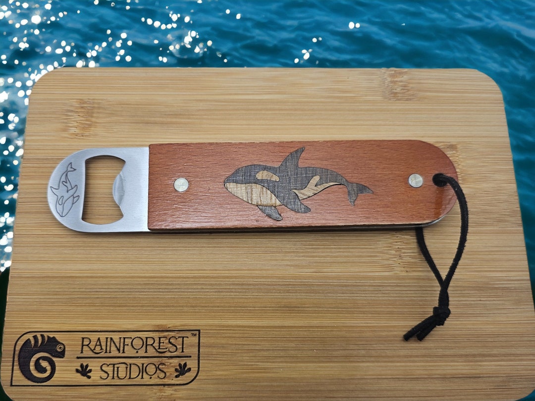 Custom Orca Dark Walnut and White Oak Inlaid Bottle Opener With Wooden ...