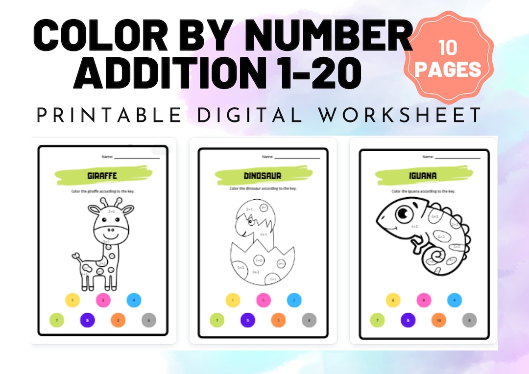 10 Pages Color by Number Addition 1-20 Worksheets for Toddler - Etsy