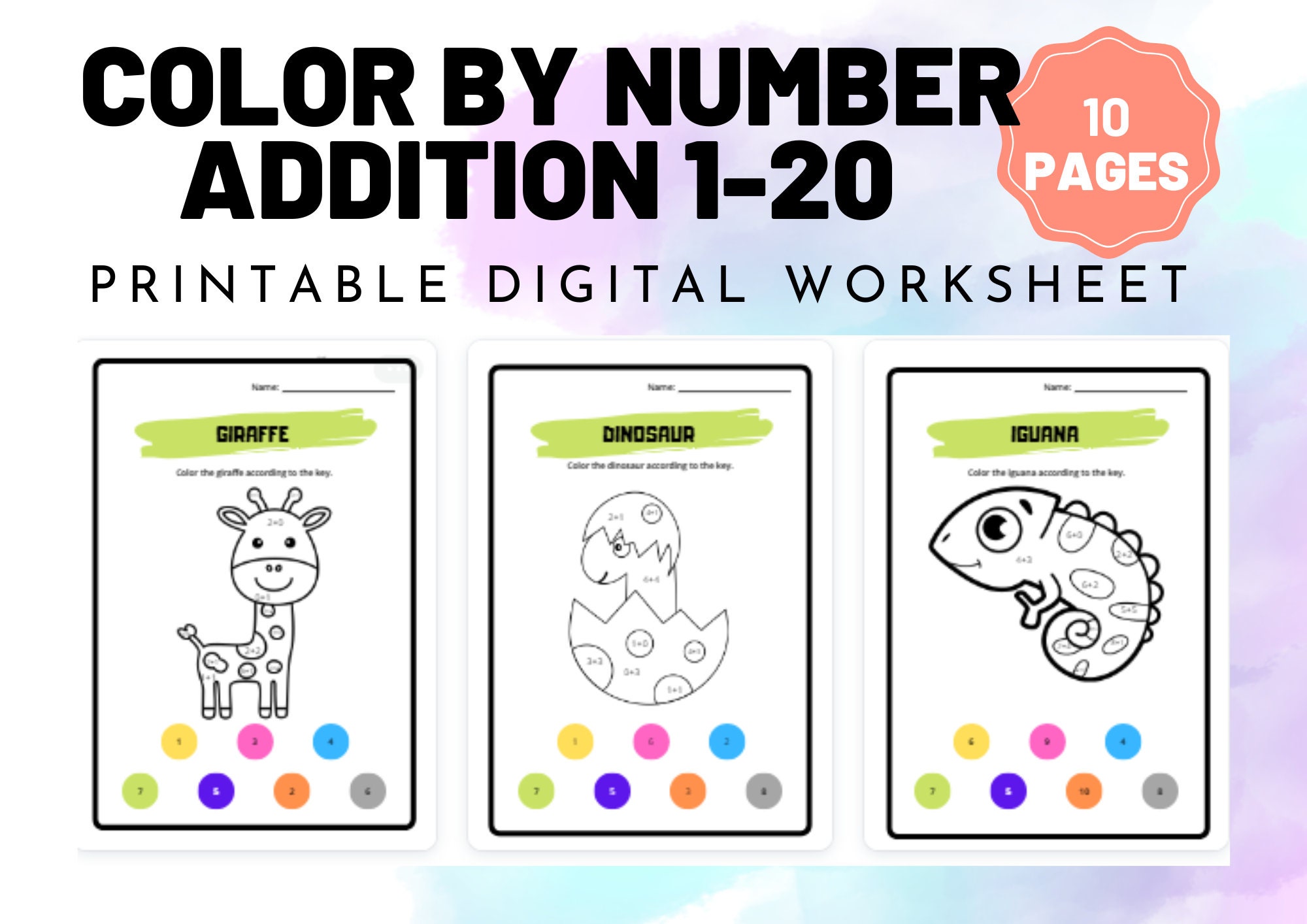 10 Pages Color by Number Addition 1-20 Worksheets for Toddler - Etsy
