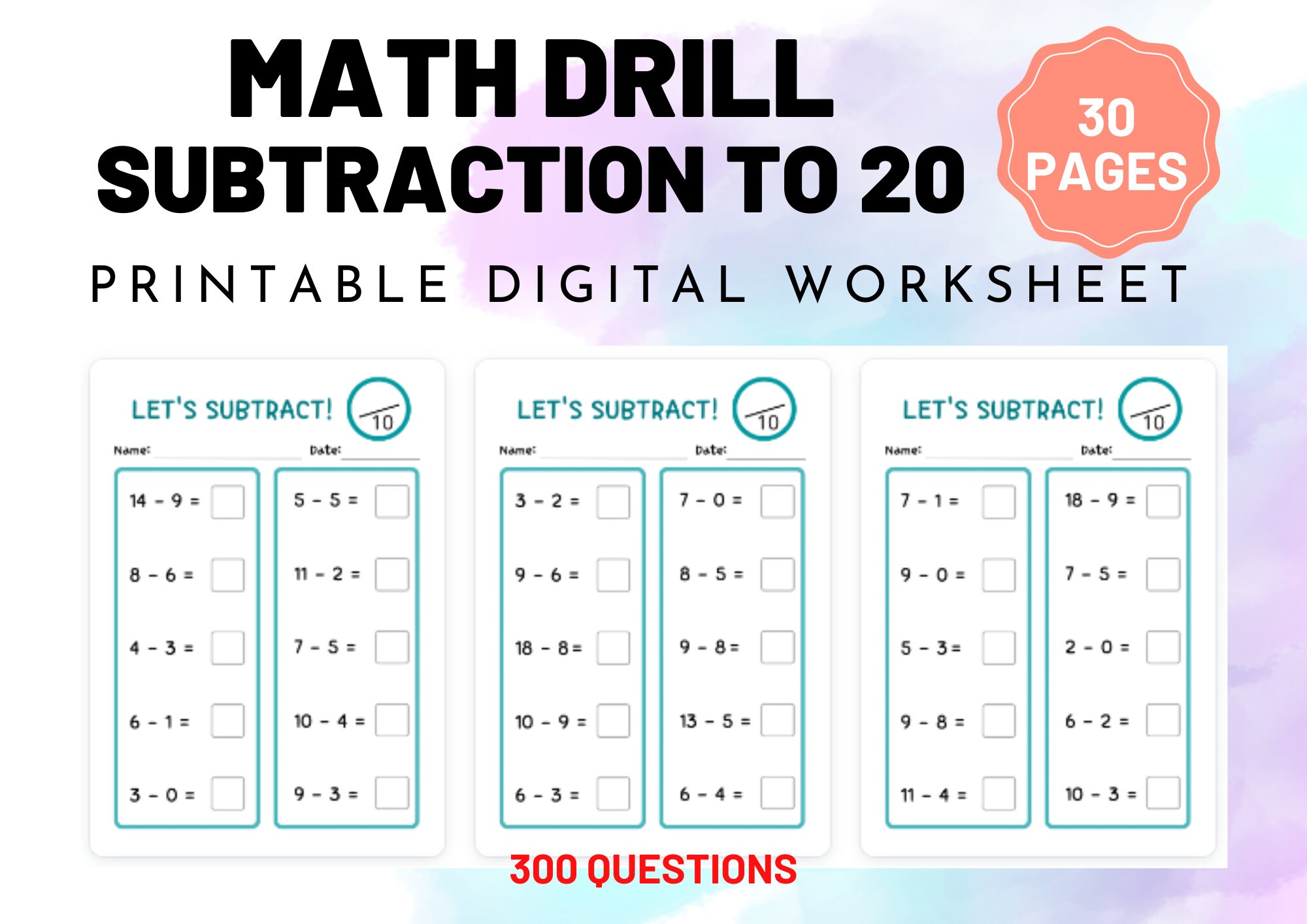 Math Drill Mathematics Subtraction 1 to 20: Comprehensive - Etsy
