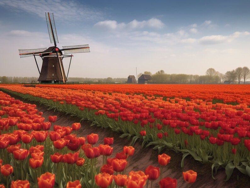 Dutch Tulips With Windmill - Digital Download, Size 24"x18" - Etsy