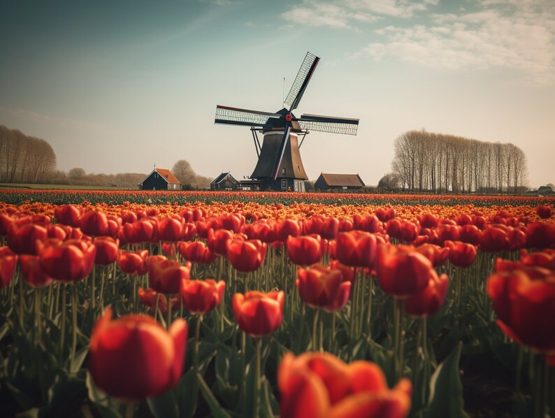 Dutch Tulips With Windmill - Digital Download, Size 24"x18" - Etsy