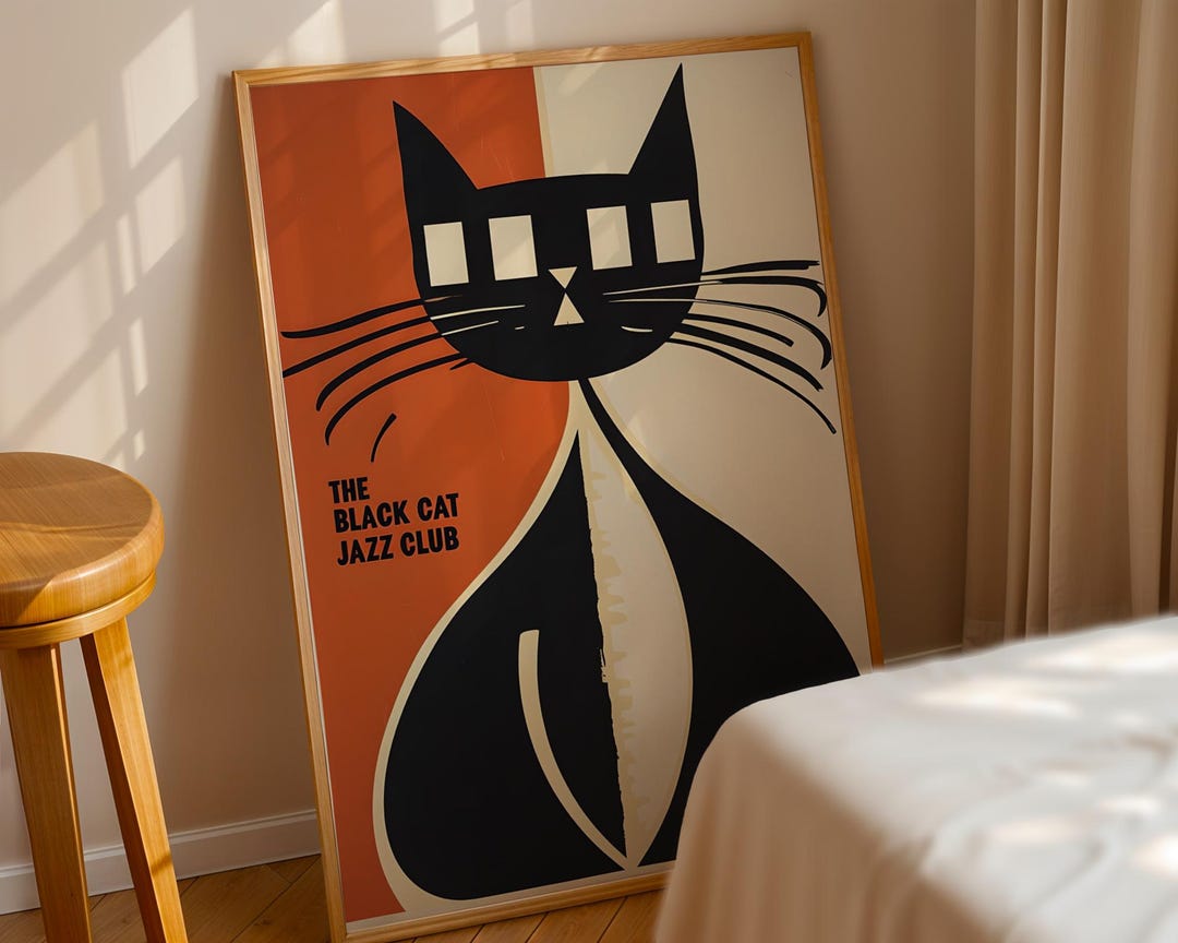 Cool Black Cat Jazz Club Digital Wall Art Print Funny Cat Poster Cute ...