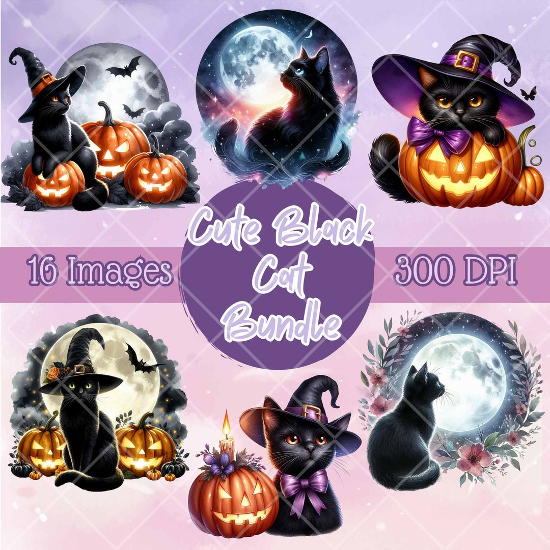Black Cat Clipart Bundle, Halloween Clipart Bundle, Black Cat Witch Hat ...